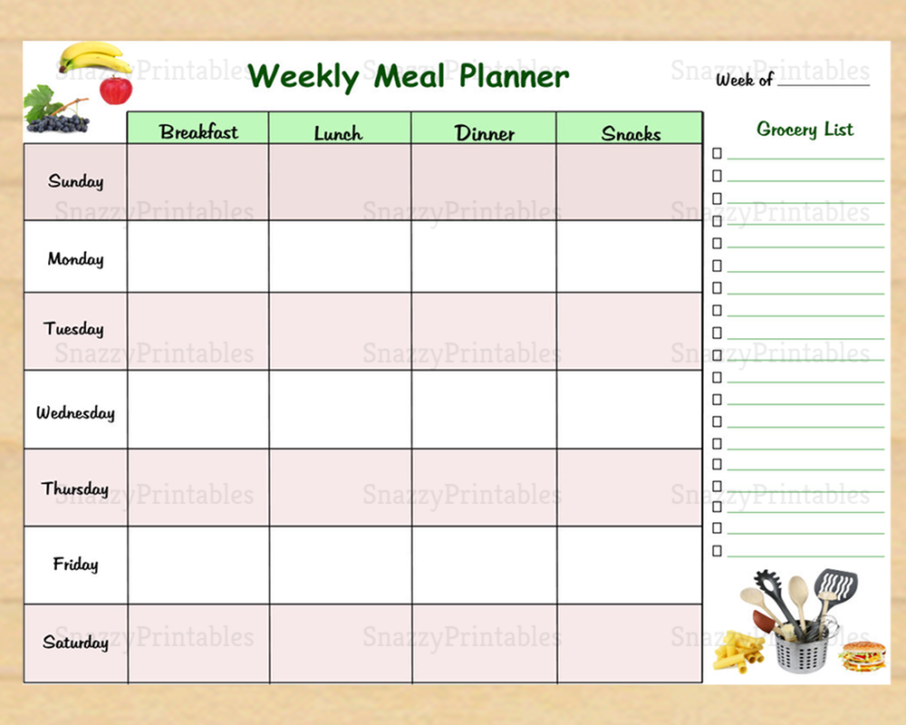 Weekly Meal Planner With Grocery List Instant Download PDF Snazzy 