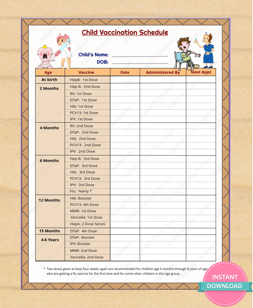 Printable Child Vaccination Schedule: Birth To 6 Years PDF